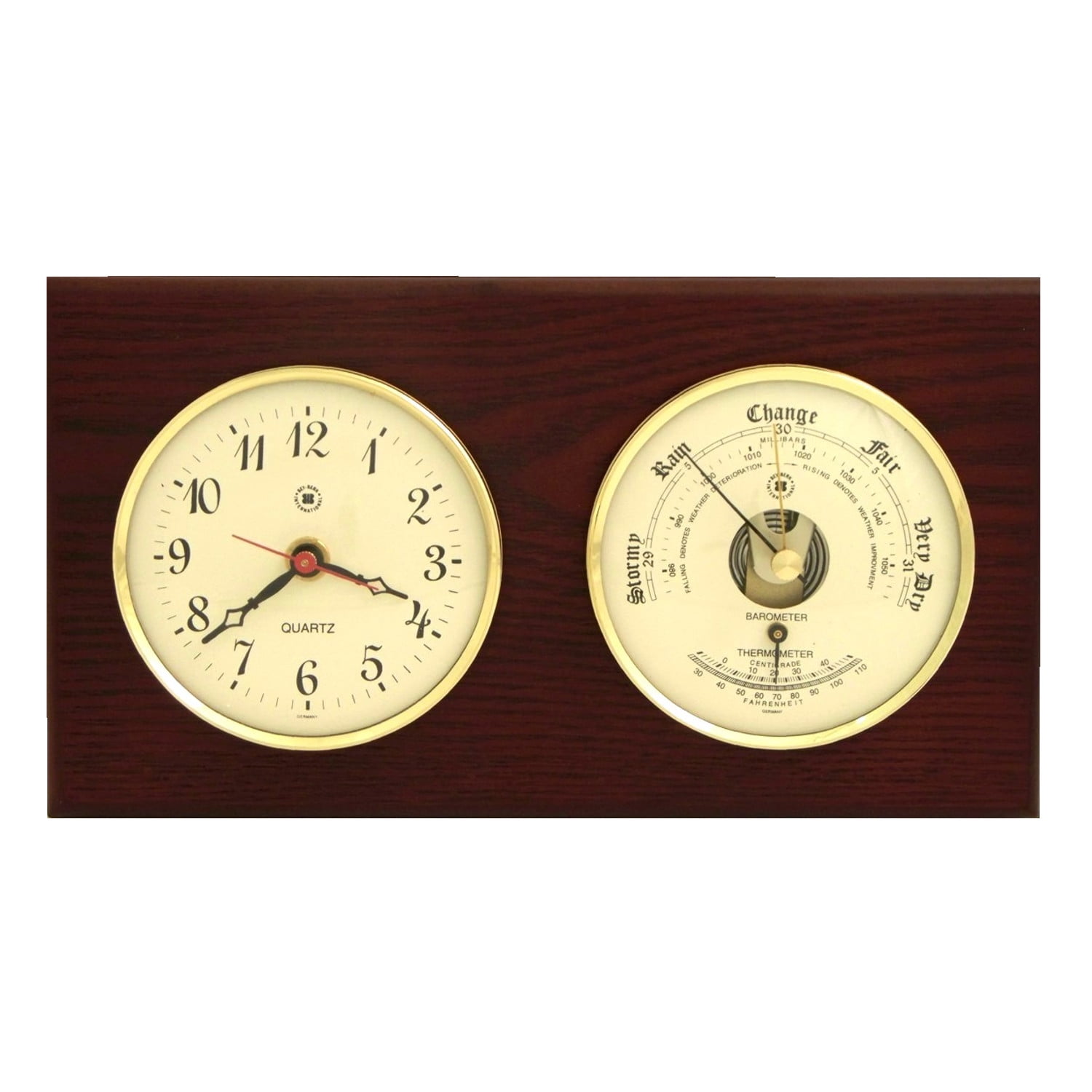 Quartz Clock and Barometer with Thermometer on Mahogany Wood with Brass ...