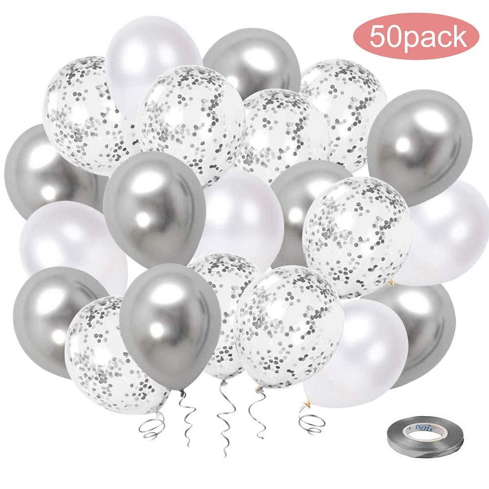 White Silver Confetti Latex Balloons 50 Pack 12inch Silver Metallic