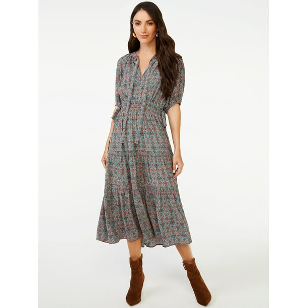 Scoop Women's Split Neck Tiered Midi Dress - Walmart.com