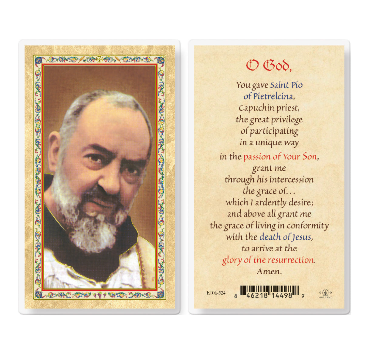 Prayer to St. Pio Gold-Stamped Laminated Catholic Prayer Holy Card with ...