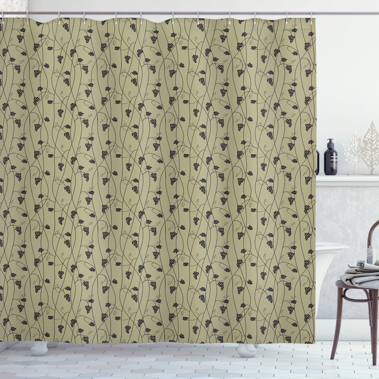 Vine Shower Curtain, Rustic Vineyard Illustration with Monochrome Bunch ...