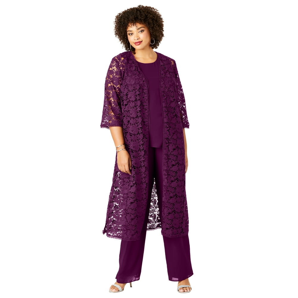 Roaman's - Roaman's Women's Plus Size Three-Piece Lace Duster & Pant ...