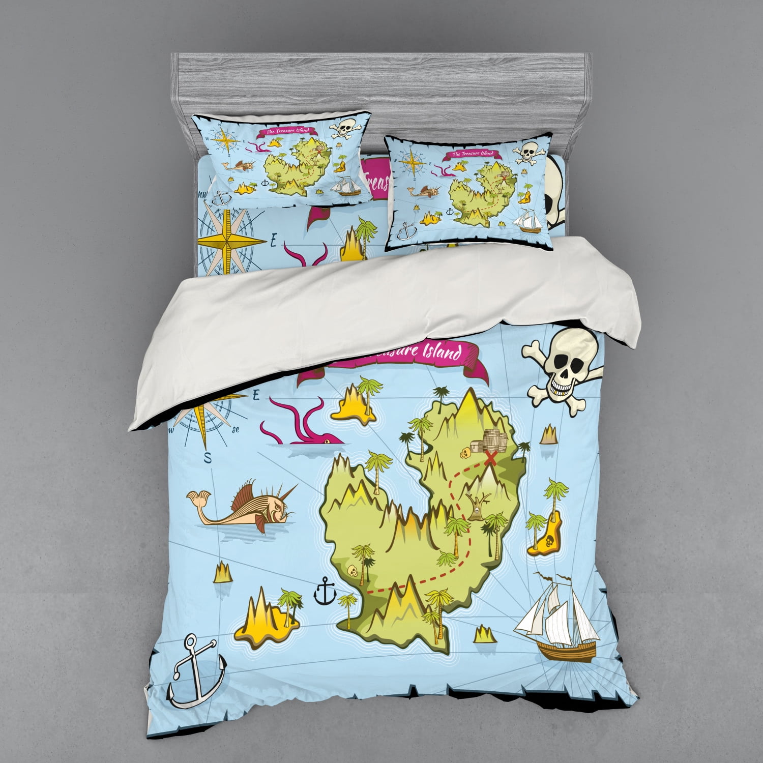 Ambesonne Cartoon Bedding Set 4 Pcs, Treasure Island Skull, Queen ...