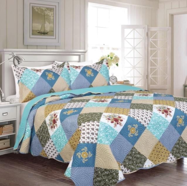 SONIC PATCHWORK AQUA COLOR REVERSIBLE BEDSPREAD QUILTED SET 3 PCS KING ...