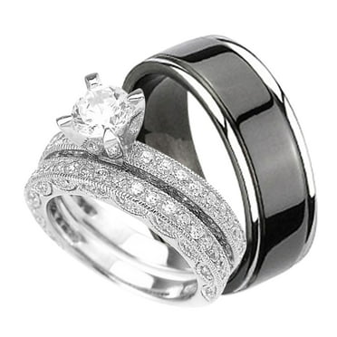Adjustable size Wedding Ring Sets His And Hers Couples Women Diamond ...