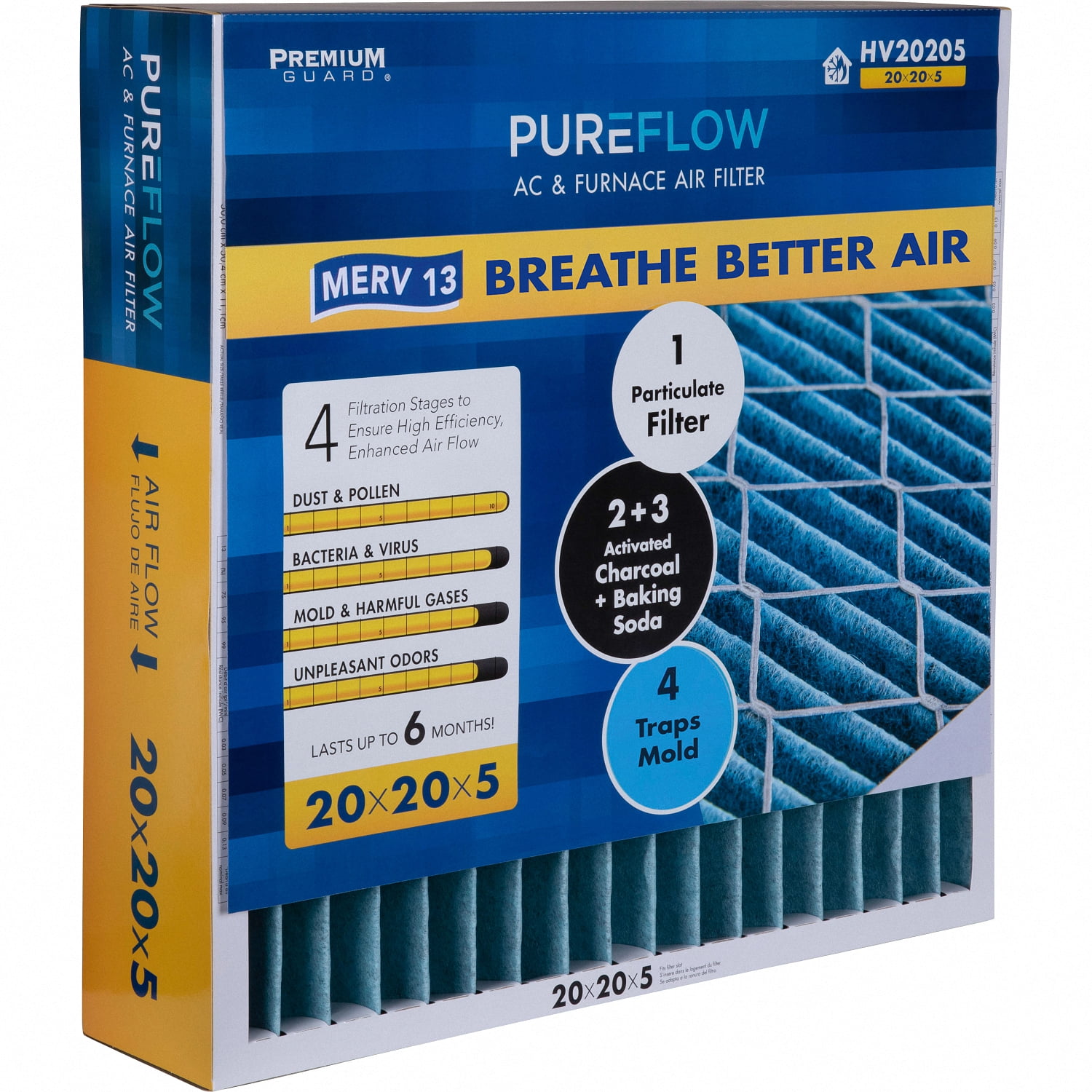 PureFlow, Home Furnace Air Filter 20x20x5, with 4 Layers of Advanced ...