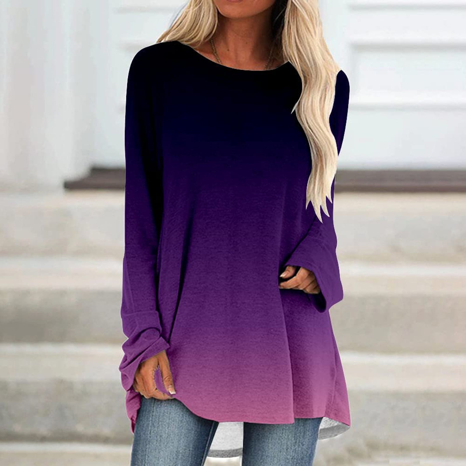 Womens Loose Fitting Tunic Tops Ombre Crewneck Sweatshirts Casual Long ...
