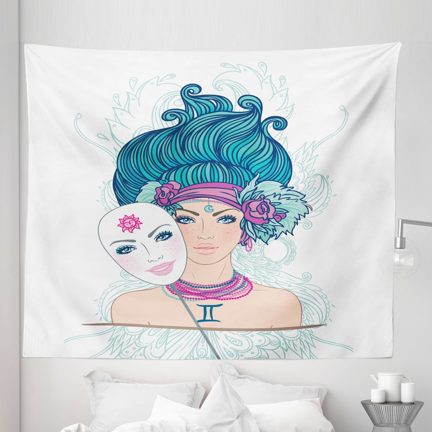 Zodiac Gemini Tapestry, Young Woman with Sad Expression Holding a ...