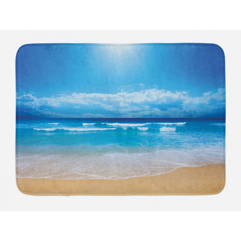 Beach Bath Mat, Seascape Theme Landscape of the Beach and the Cloudy ...
