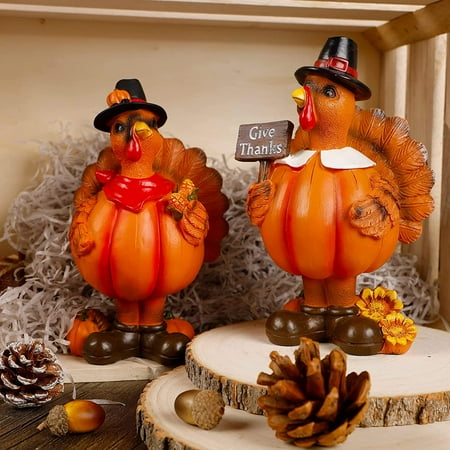 Standing Turkey Couple Thanksgiving Decorations, 2 Pack Resin Turkeys ...
