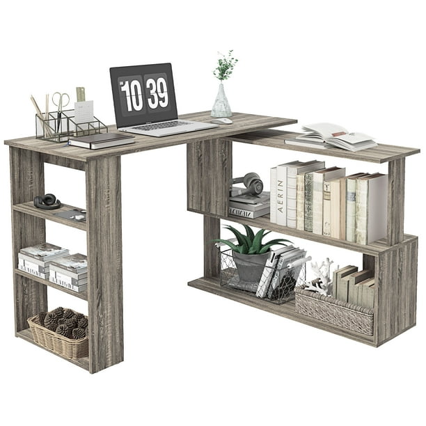 HOMCOM 360° Rotating L Shaped Desk with Storage Shelf for Home Office ...