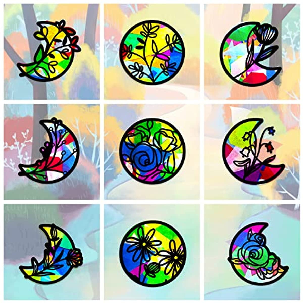 18 Pcs Flowers Stained Glass Effect Paper Suncatchers Moon Phases ...