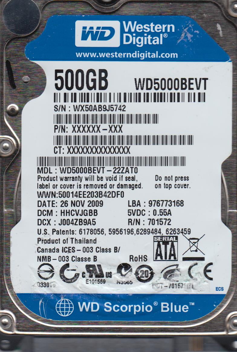 WD5000BEVT-22ZAT0, DCM HHCVJGBB, Western Digital 500GB SATA 2.5 Hard ...