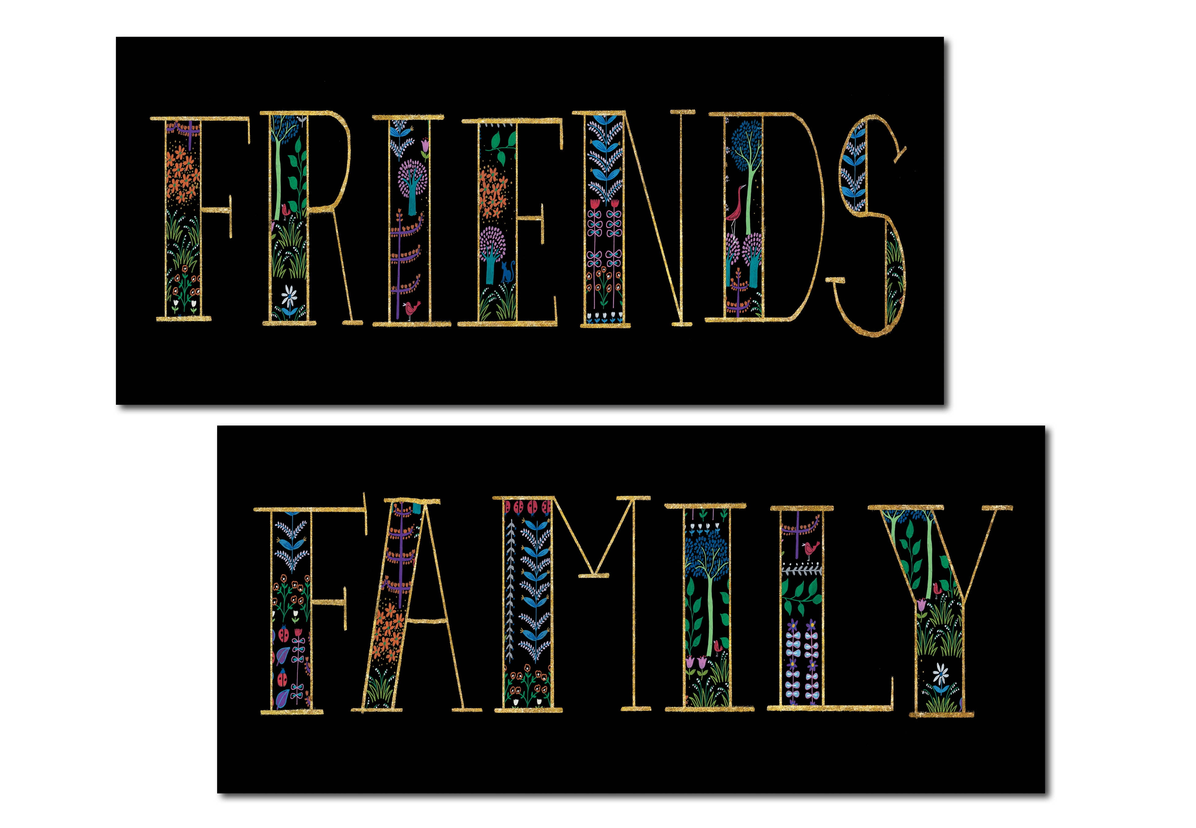 Lovely Folklore 'Family" and "Friends" Panel Floral Set on Black by ...