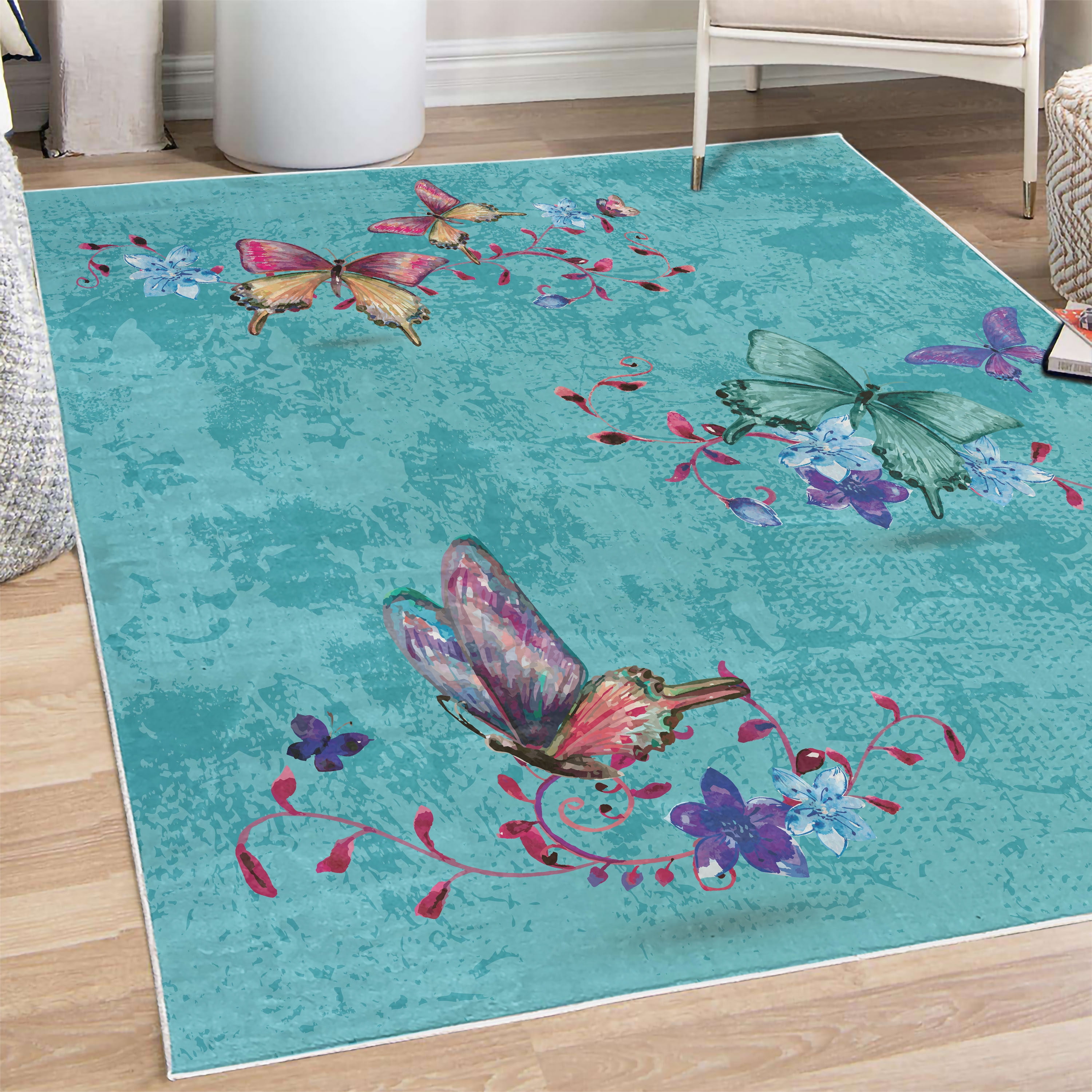 Butterfly Decorative Rug, Springtime Flying Moths on Vintage Style ...