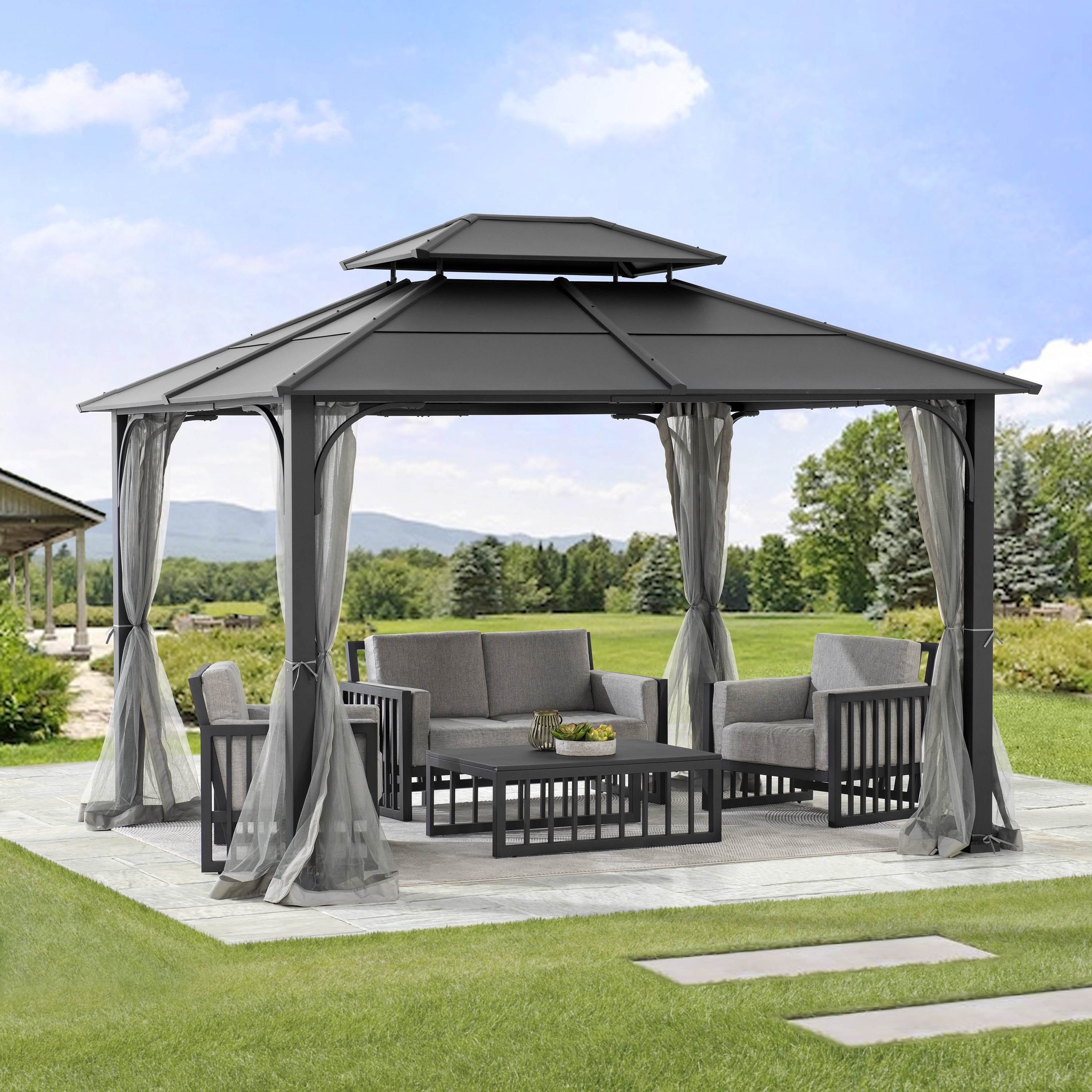 Sunjoy 10 ft. x 12 ft. Black and Grey Steel Gazebo with 2-tier Hip Roof ...