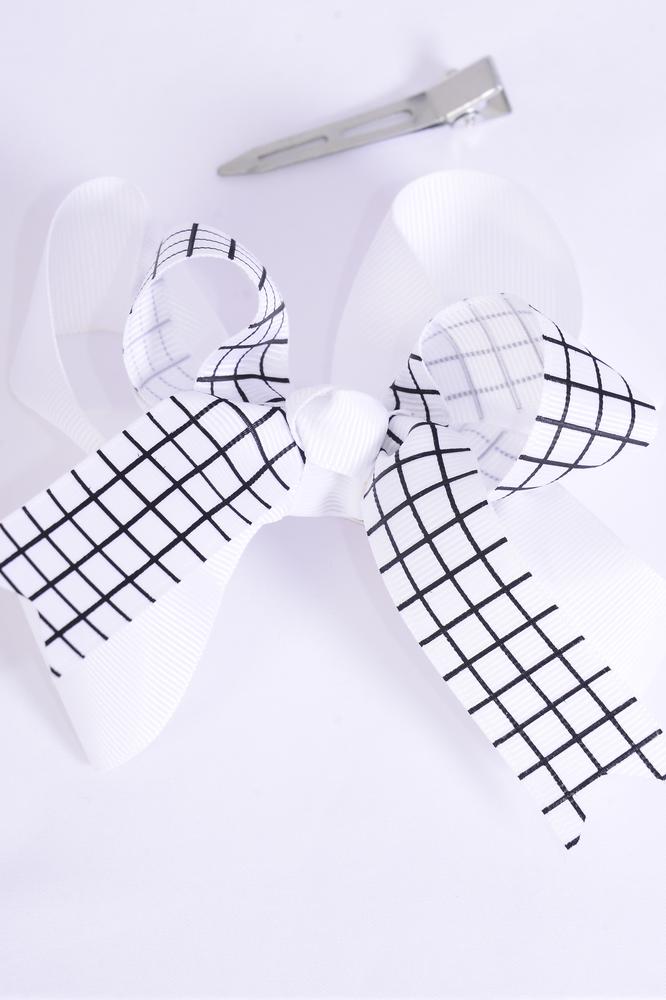 Hair Bow Jumbo White Grid Fabric Double Layered Grosgrain Bowtie White ...