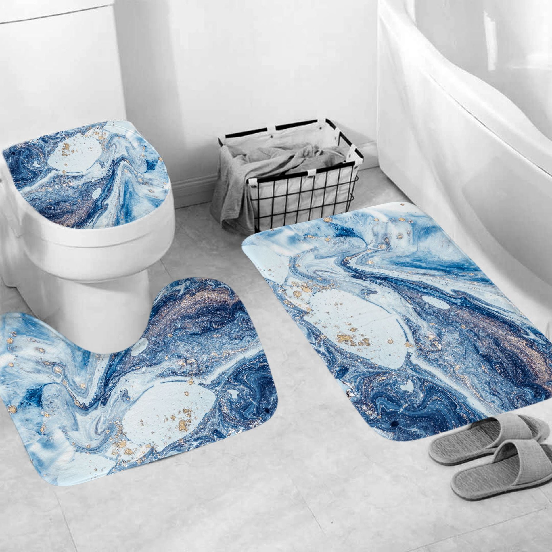 3 Pcs Abstract Marble Stone Blue Bath Mats Set for Bathroom, No Silp ...