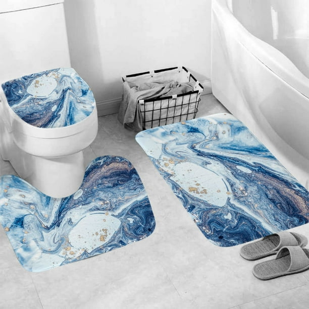 3 Pcs Abstract Marble Stone Blue Bath Mats Set for Bathroom, No Silp ...