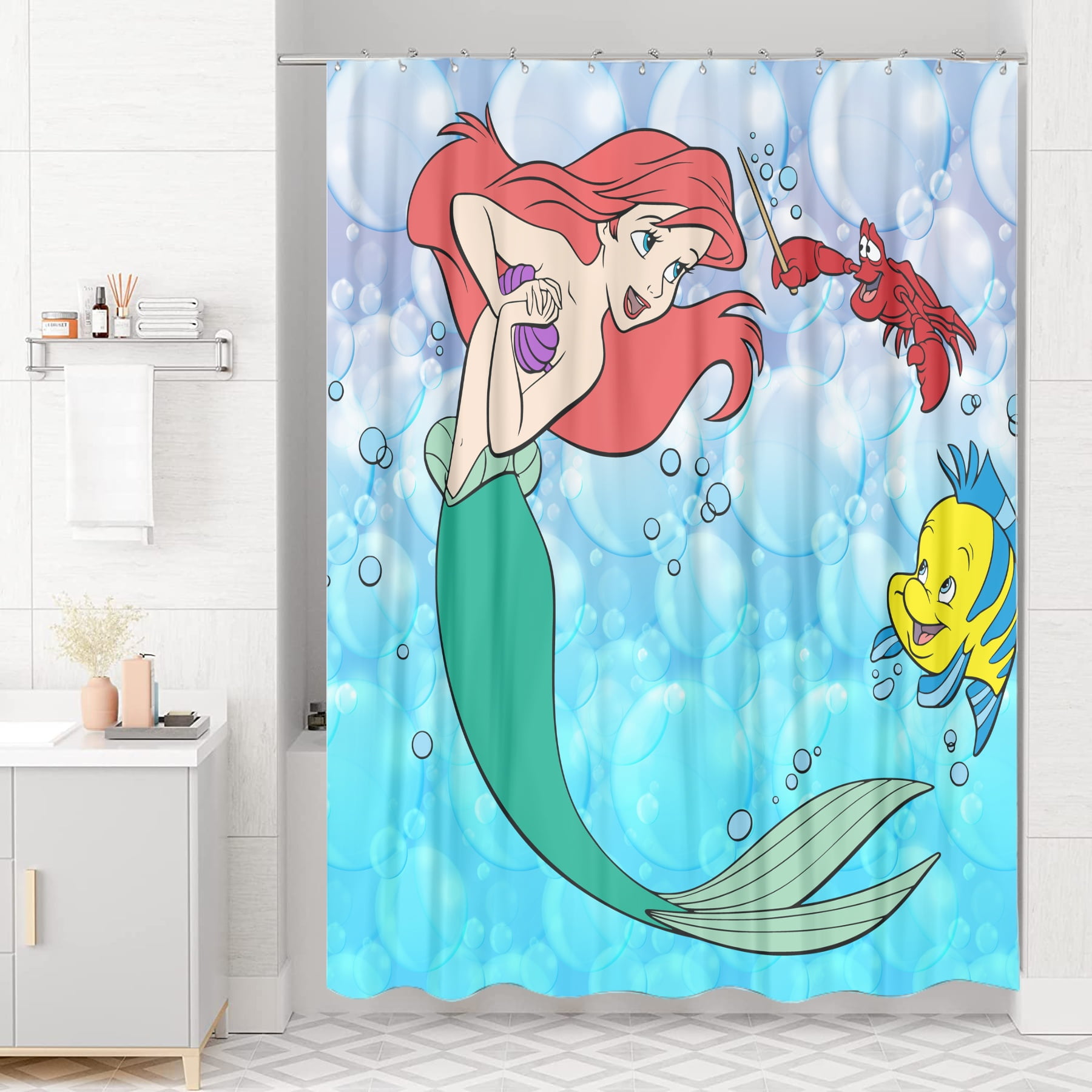 Mermaid Ariel Princess Design Shower Curtain + Hooks Waterproof Bath ...
