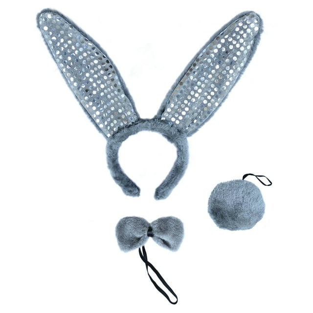 SeasonsTrading Gray Plush Sequin Bunny Ears Costume Set - Rabbit Party ...