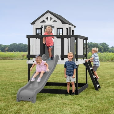 KidKraft Cozy Escape Wooden Outdoor Two-Story Playhouse with Slide ...