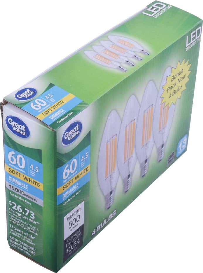 Great Value Decorative LED Light Bulb, Soft White, Dimmable, 4.5W (60W ...