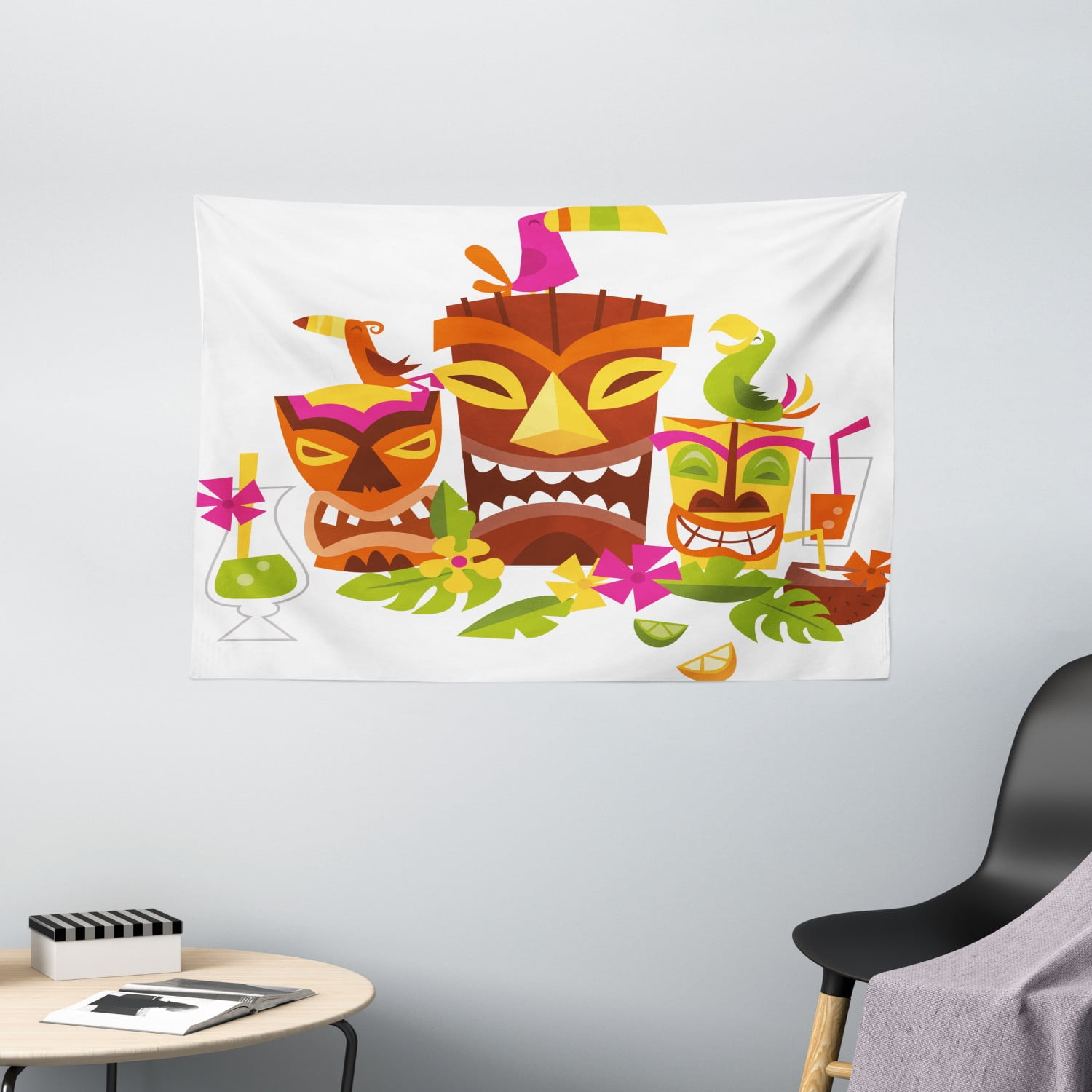 Luau Tapestry, Three Grimacing Tiki Party Masks Surrounded by Leaves ...