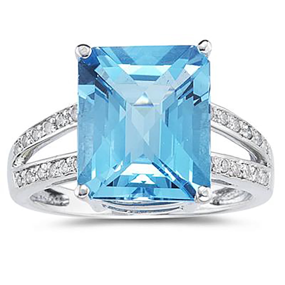 SZUL Women's 7 Carat Emerald Cut Blue Topaz and Diamond Ring 10k White ...