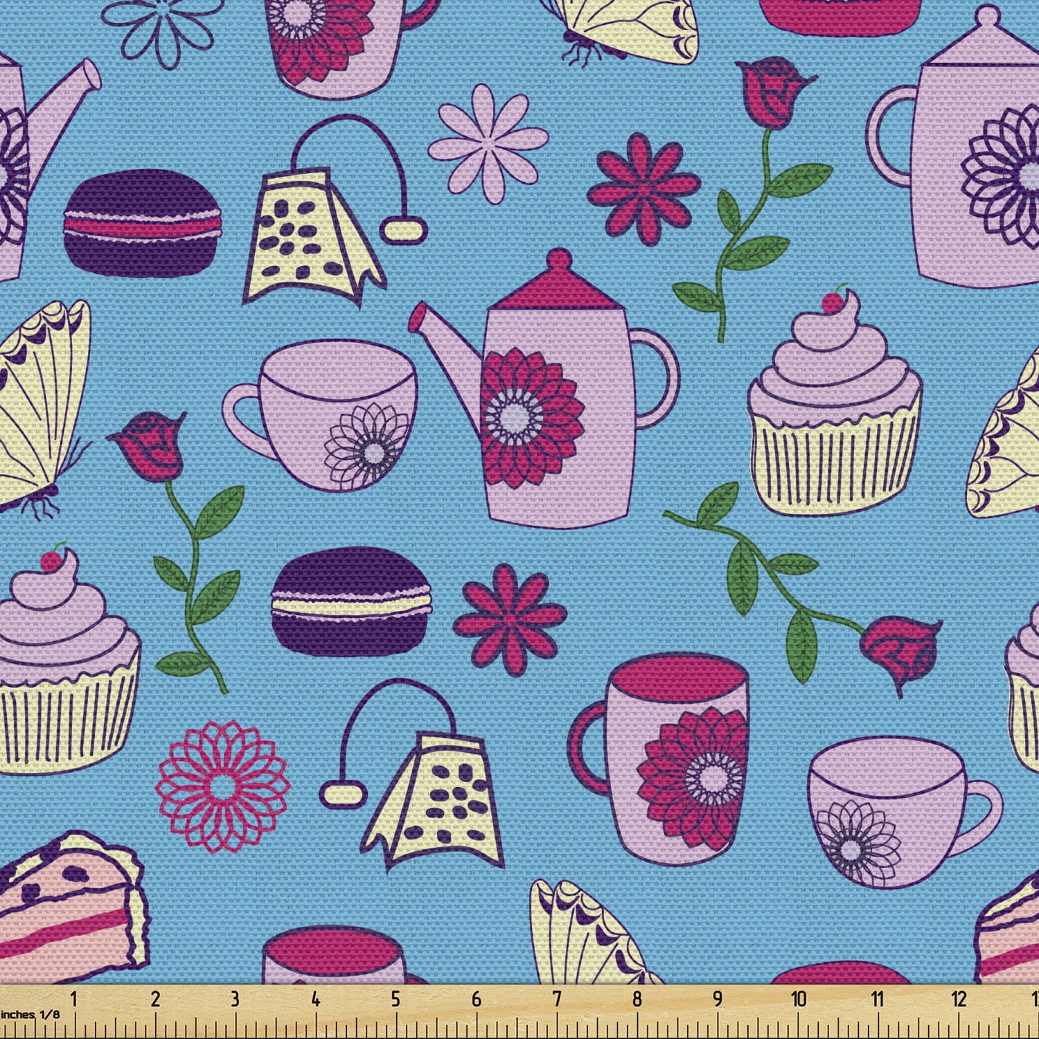 Tea Party Upholstery Fabric by the Yard, Cup of Tea Bags Cupcake Garden ...