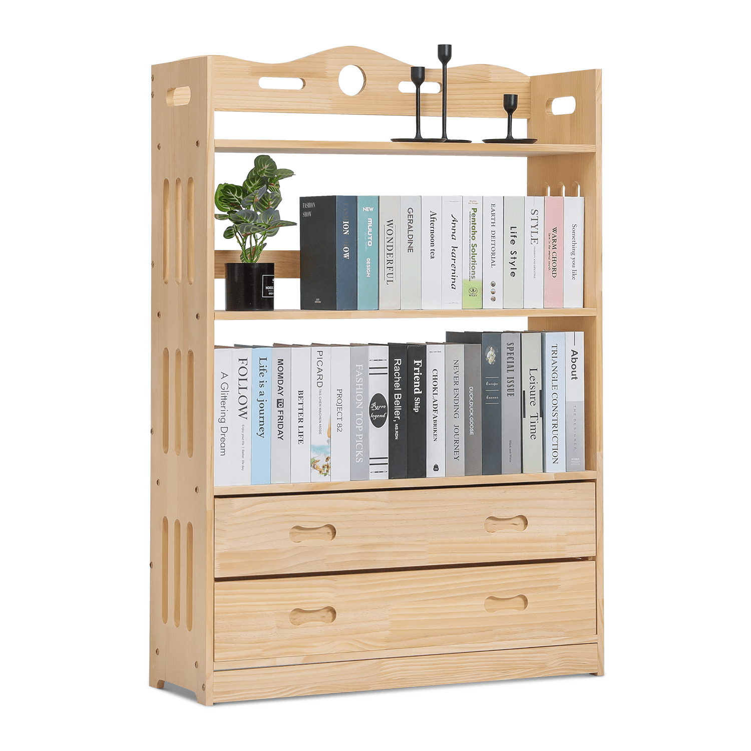 MoNiBloom Wood 4 Tiers 2 Drawers Bookshelf, Books Toys Organizer ...