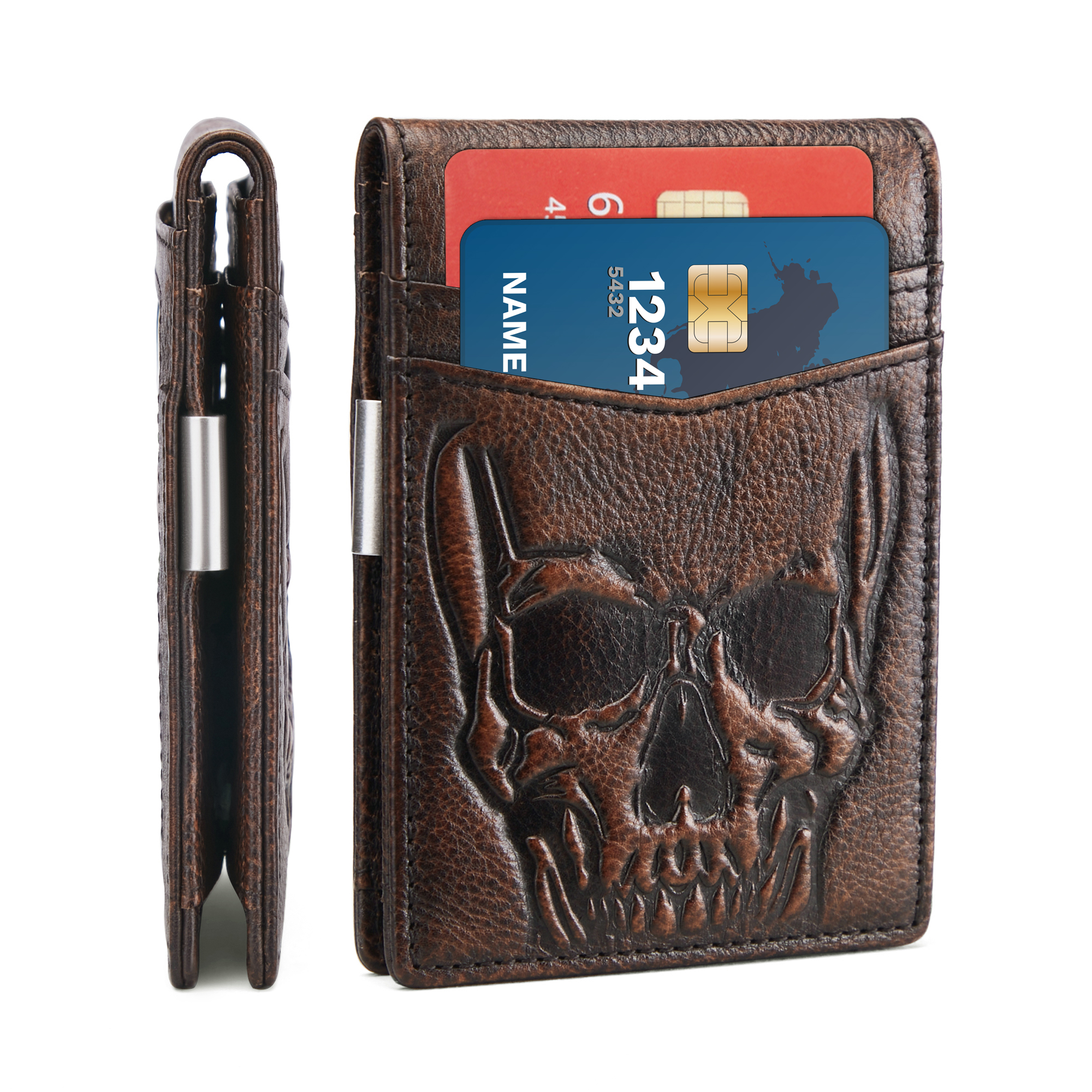 FeiYen Men Minimalist Skull Bifold Leather Wallet - RFID Blocking Front ...