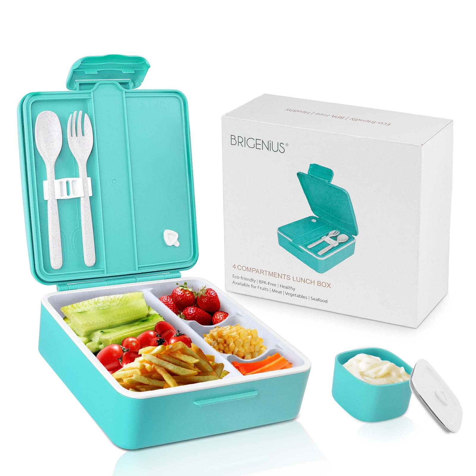 BriGenius Bento Lunch Box 4 Compartments Leakproof Microwave with Fork ...