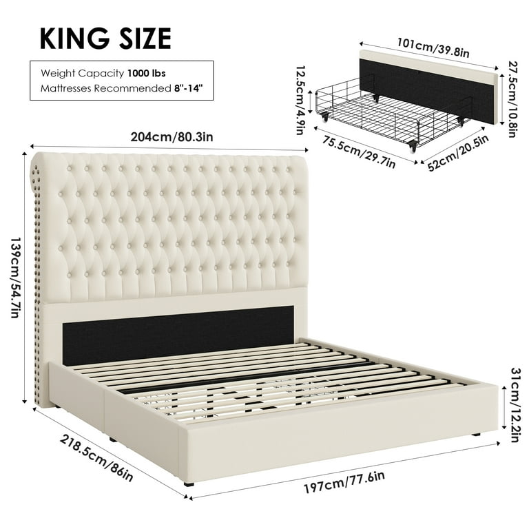 Homfa 54.7 Tall Headboard Bed Frame King Size Storage Bed with Tall Headboard Tall Upholstered Bed with Footboard and Drawers off white