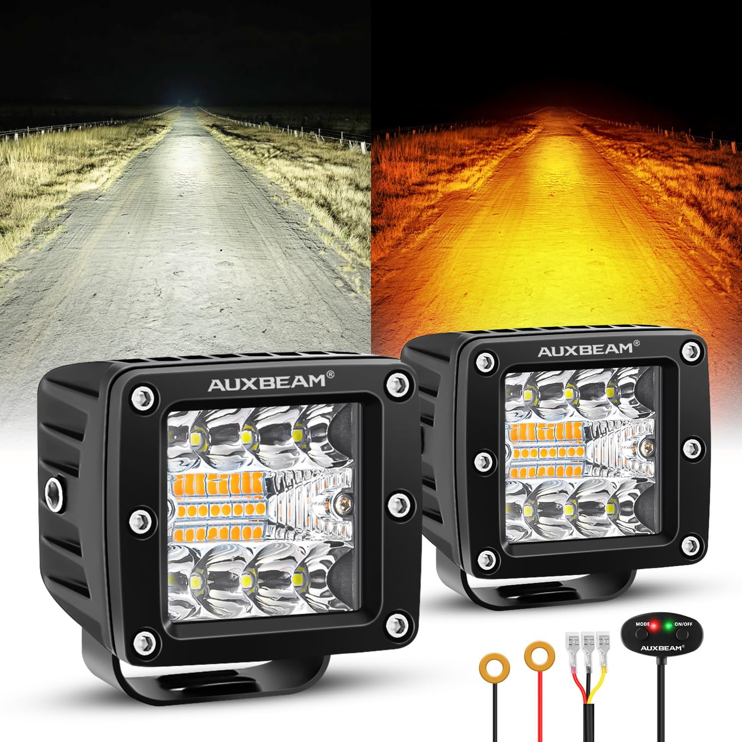 Luces LED cúbicas Auxbeam de 3 pulgadas y 72 W, doble color ámbar y ...