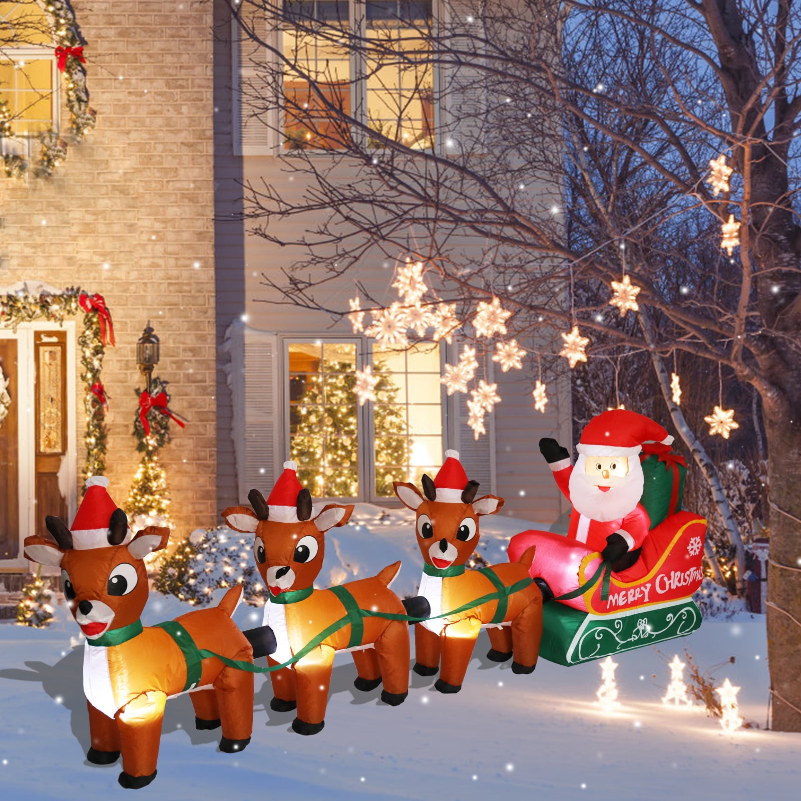 8FT Christmas Inflatable Santa Claus on Reindeer Sleigh with LED Lights ...