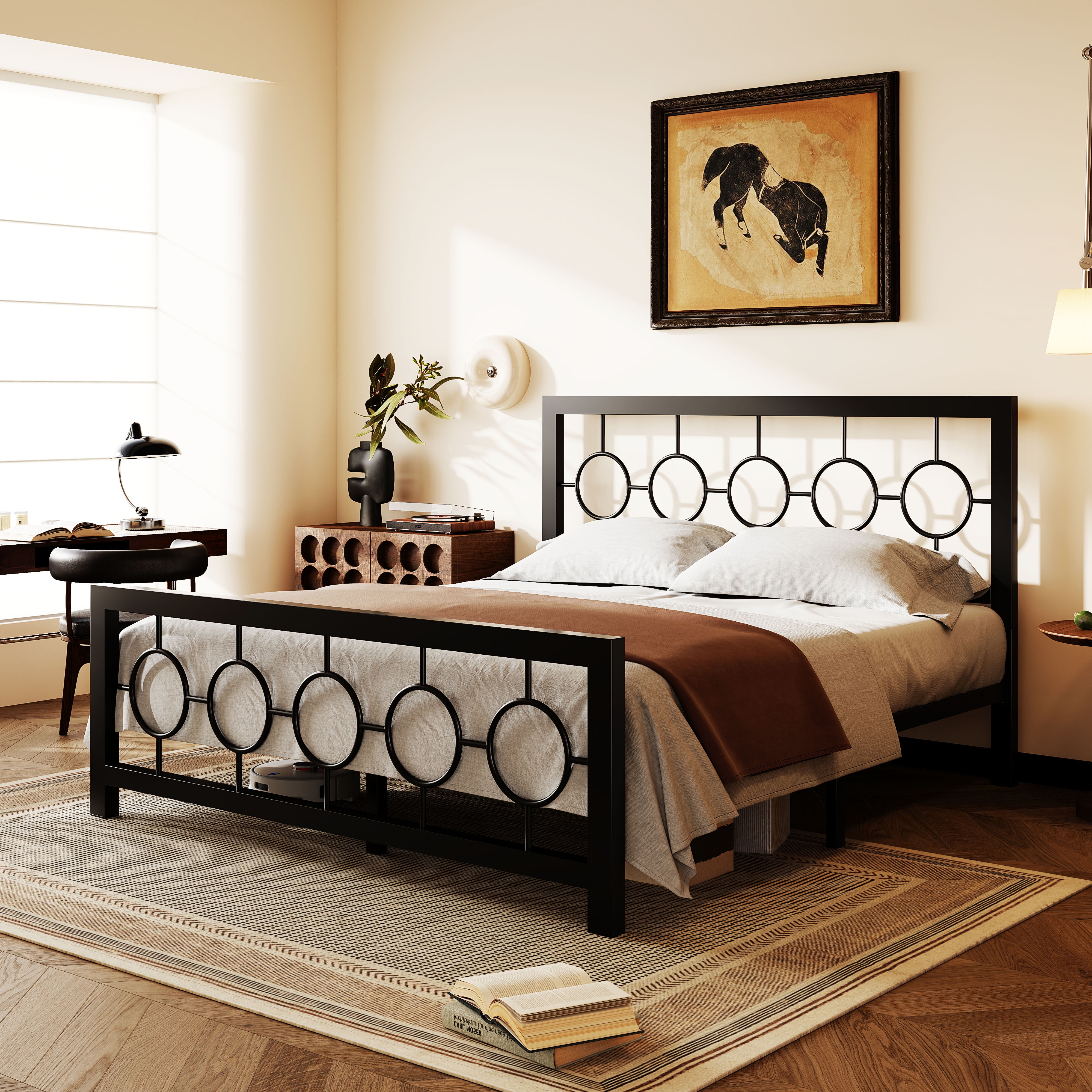 Amolife Black Queen Size Metal Platform Bed Frame with Circular Vintage ...