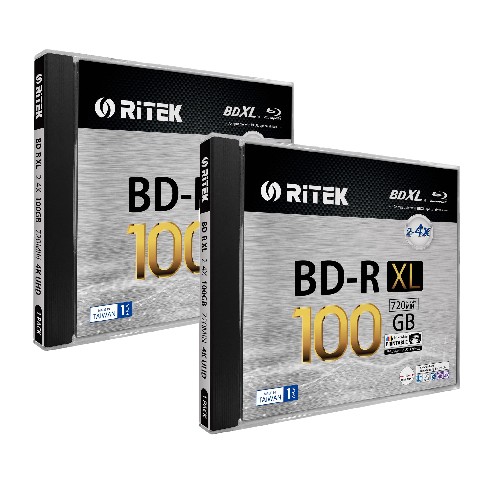2 Pack Ritek BD-R XL BDXL 100GB Archival Grade Triple Layers 4X White Inkjet Hub Printable Blank ...