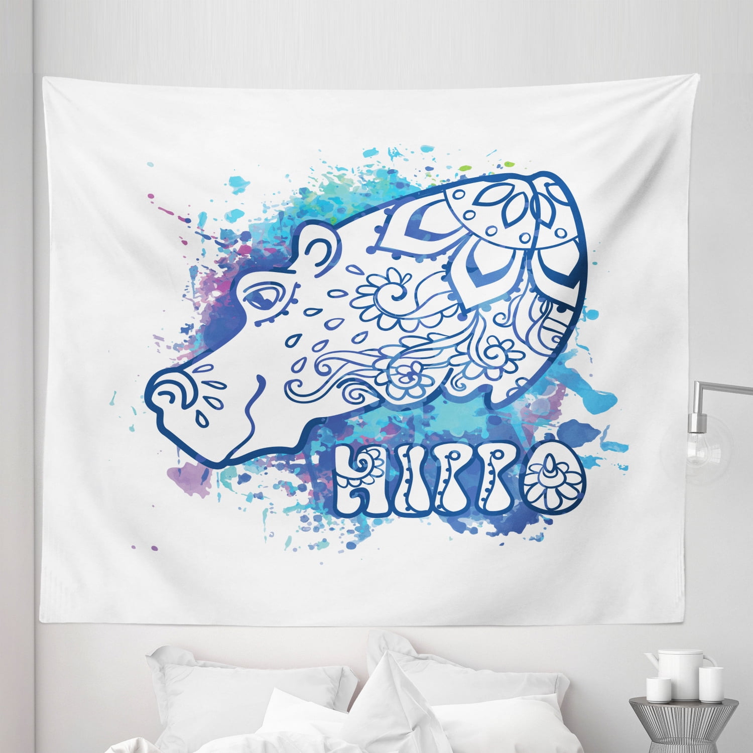 Hippo Tapestry, Bohemian Hippie Style Word and Hippo Head Shape ...