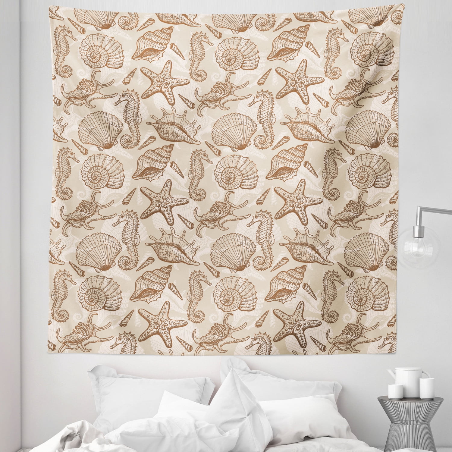 Sea Shells Tapestry, Vintage Inspired Monochrome Seashell Pattern Ocean ...