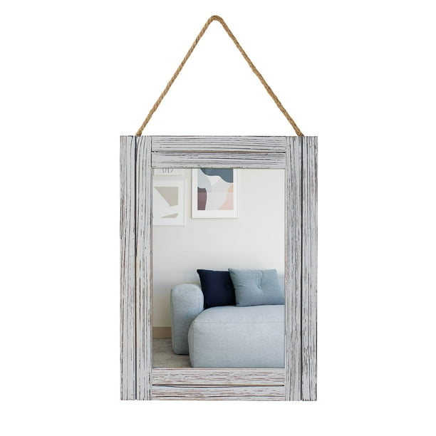 Arikago 12 x 16 in Wall Decorative Mirror, Rustic Wood Frame Rectangular Mirror with Hanging ...