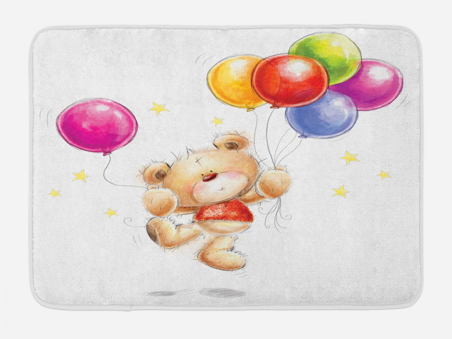 Cartoon Bath Mat, Teddy Bear Colorful Balloons and Stars Cheerful Love ...