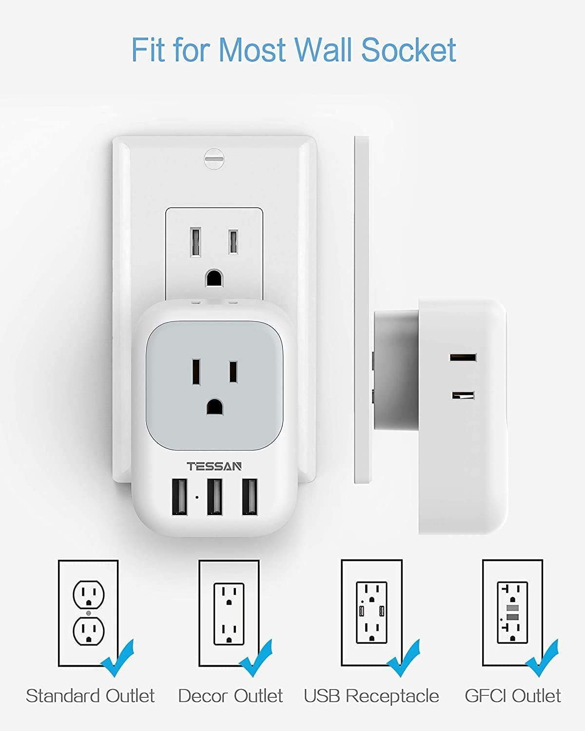 Buy TESSAN Multiple Outlet Wall Plug,4 AC Outlets 3 USB Ports,Multiple ...