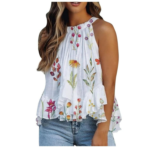 UMfun Women Summer Blouses Halter Neck Tank Tops Floral Sleeveless Shirt Pleated Casual Camisole ...