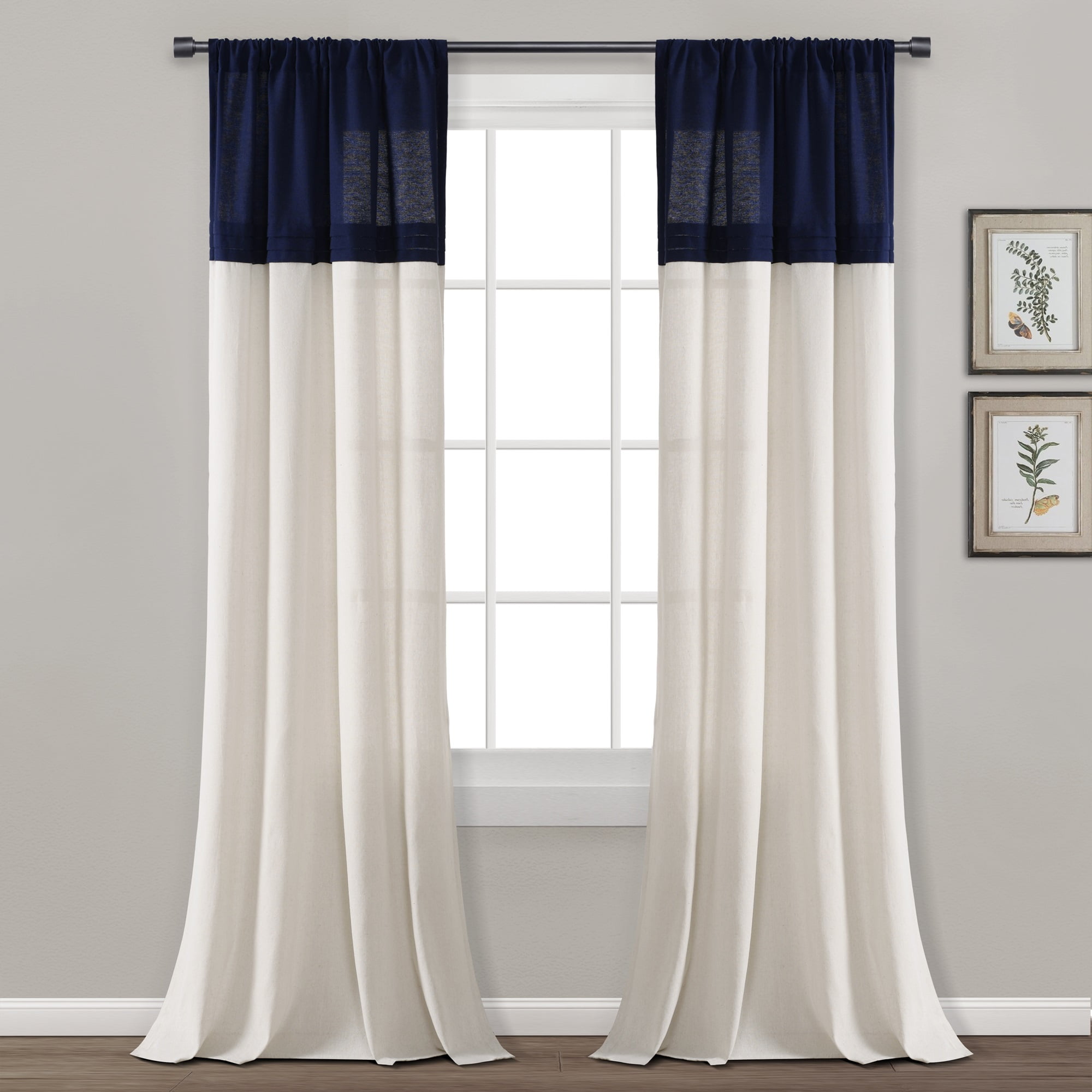 Farmhouse Faux Linen Colorblock Pleated Window Curtain Panels Navy/Off ...
