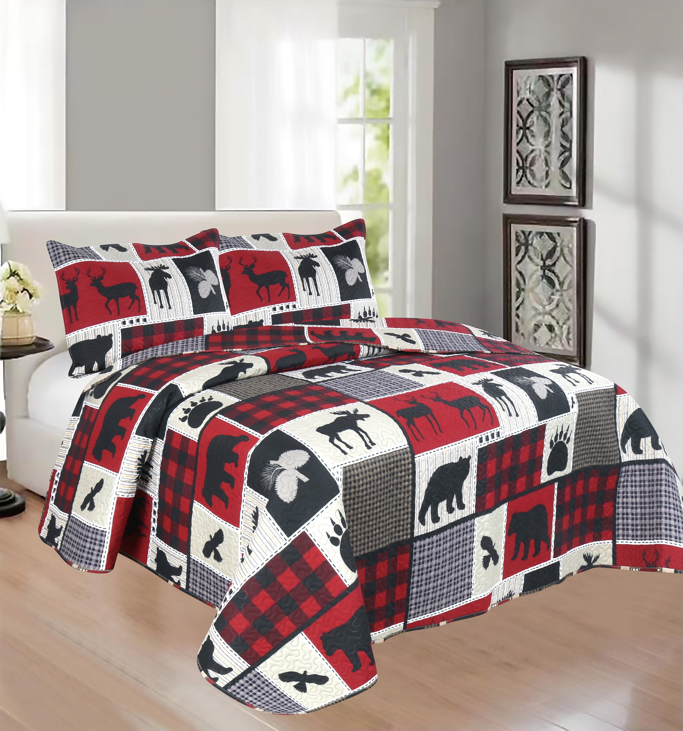 Quilt Bed Set Bear Elk Log Cabin Lodge Rustic Quilt Set - Walmart.com