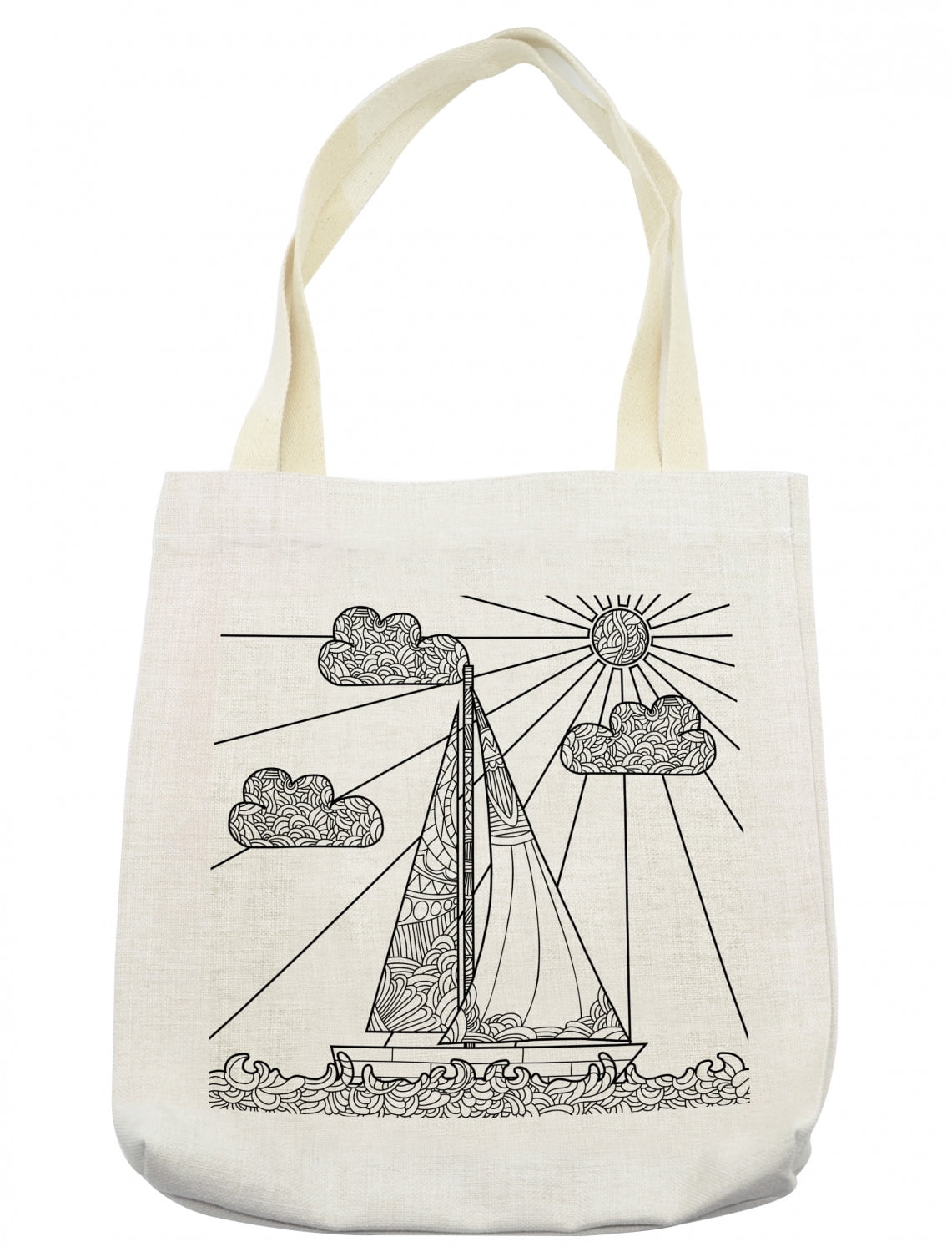 Nautical Tote Bag, Doodle Boat Floating on Waves Ornate Rope Features ...