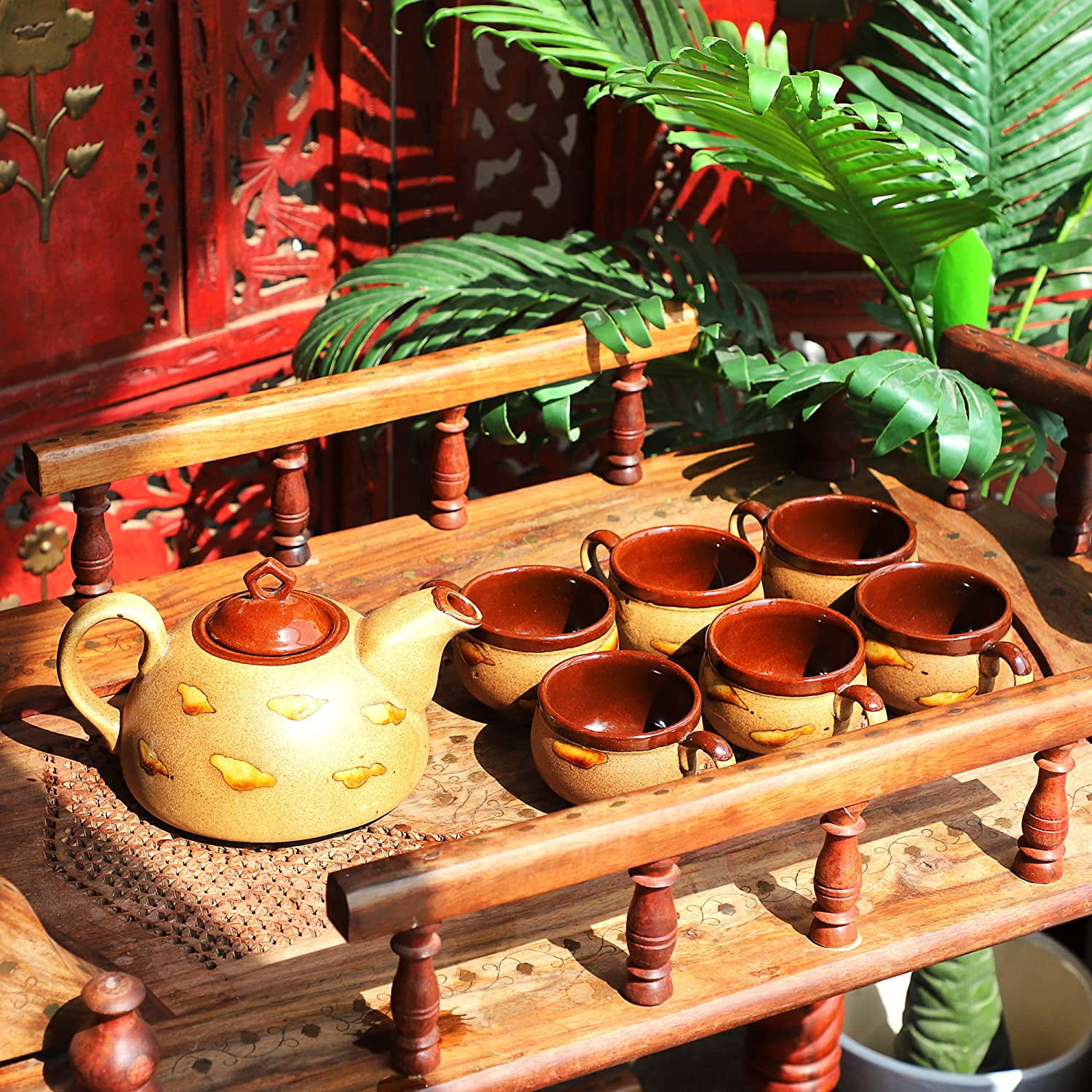 India Meets India Brown Ceramic Tea Pot Kettle 20 Oz Set of 6 Ceramic ...