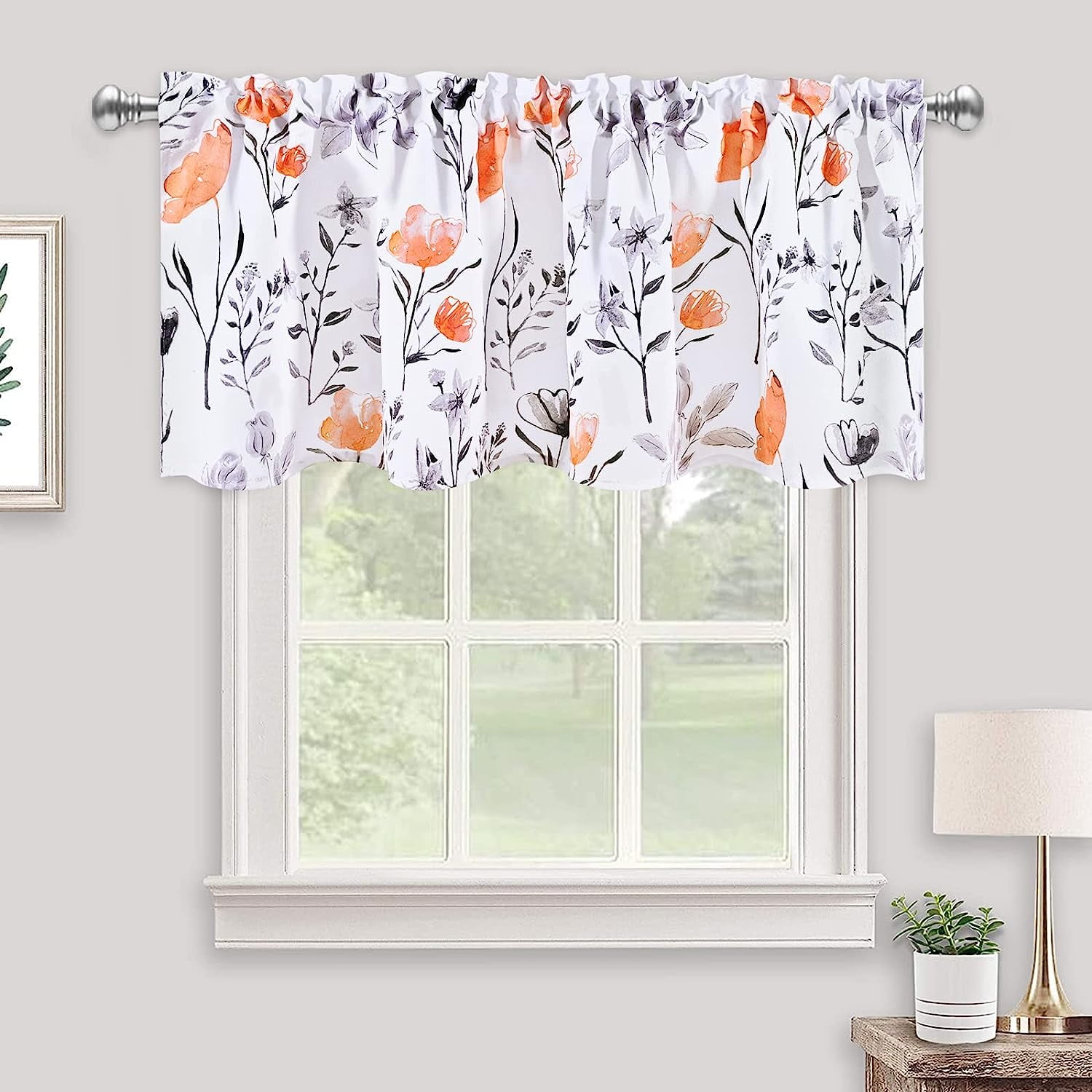 Alishomtll Flower Print Rod Pocket Kitchen Curtain Valance, Orange ,52W ...