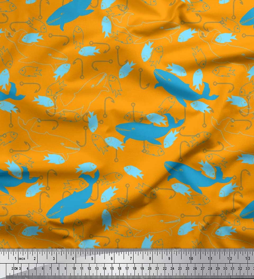 Soimoi Japan Crepe Satin Fabric Fishing Hook,Fish & Whale Ocean Print ...